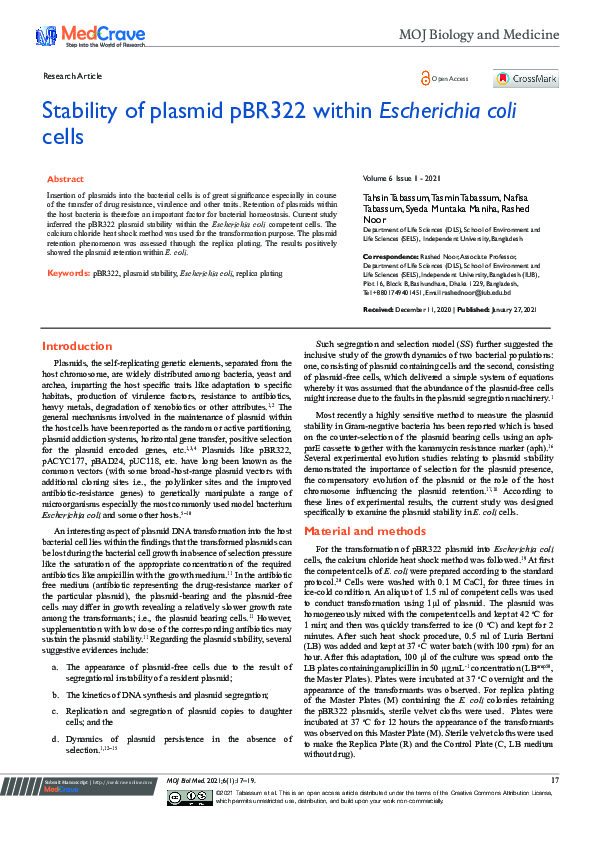 (PDF) Stability of plasmid pBR322 within Escherichia coli cells | Tasmin Tabassum - Academia.edu