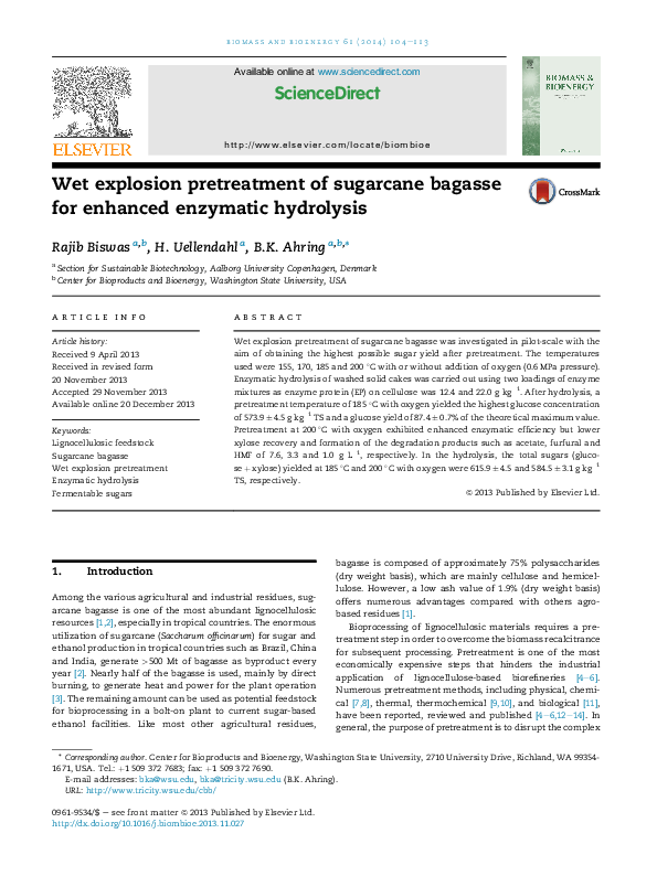 (PDF) Wet explosion pretreatment of sugarcane bagasse for enhanced ...