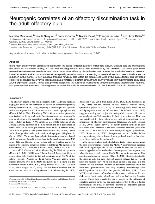(PDF) Neurogenic correlates of an olfactory discrimination task in the ...
