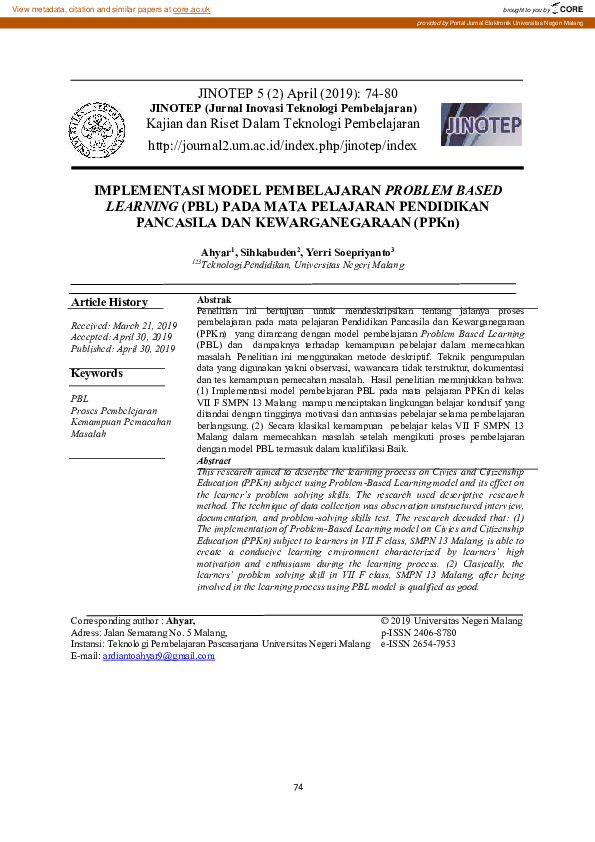 (PDF) IMPLEMENTASI MODEL PEMBELAJARAN PROBLEM BASED LEARNING(PBL) PADA MATA PELAJARAN PENDIDIKAN ...