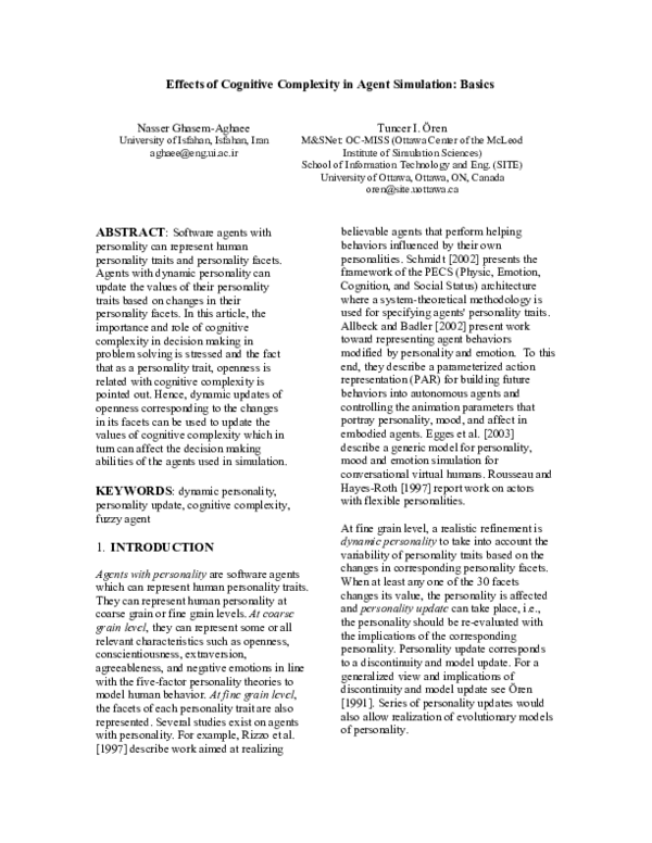 (PDF) Effects of Cognitive Complexity in Agent Simulation: Basics | Tuncer OREN - Academia.edu
