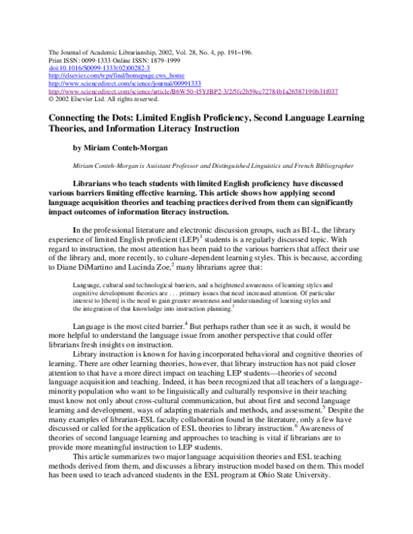 (PDF) Connecting the dots: Limited English proficiency, second language learning theories, and ...