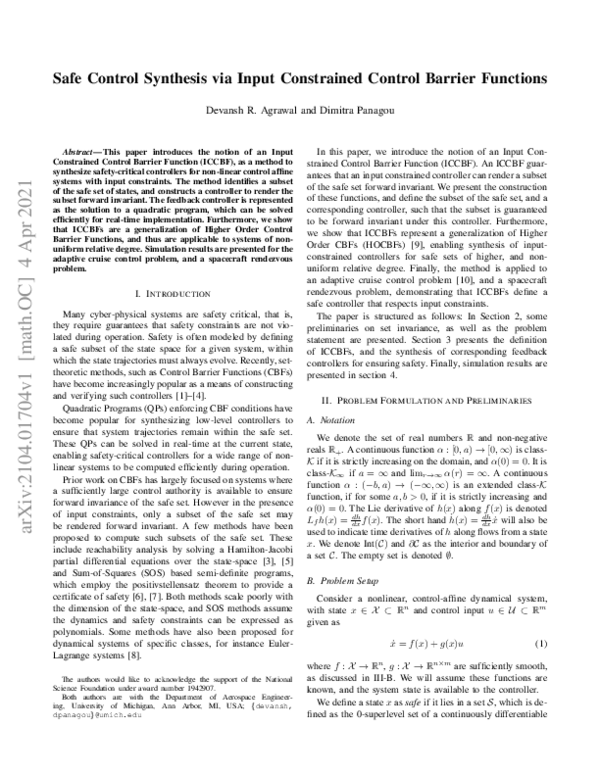 (PDF) Safe Control Synthesis via Input Constrained Control Barrier Functions