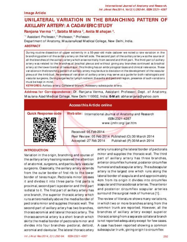 (PDF) Unilateral Variation in the Branching Pattern of Axillary Artery ...