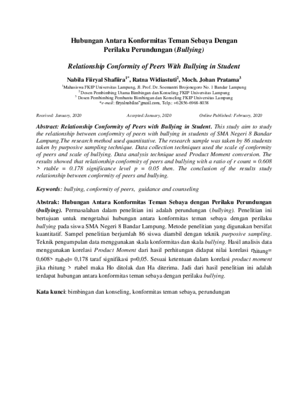 (PDF) Hubungan Antara Konformitas Teman Sebaya Dengan Perilaku Perundungan (Bullying)