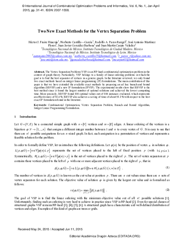 (PDF) Two New Exact Methods for the Vertex Separation Problem