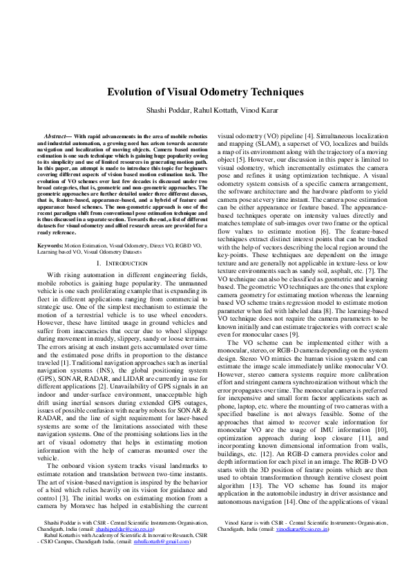 (PDF) Evolution of Visual Odometry Techniques