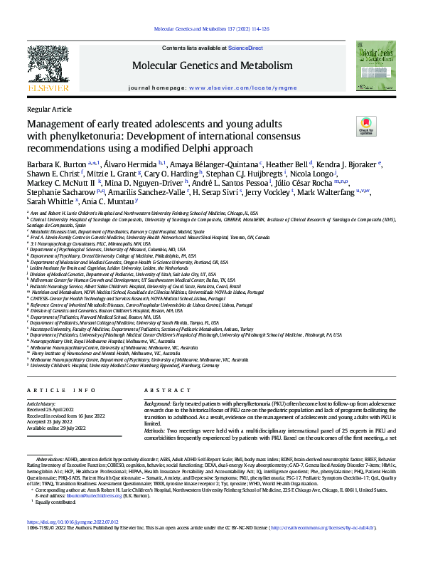 (PDF) Management of early treated adolescents and young adults with phenylketonuria: Development ...