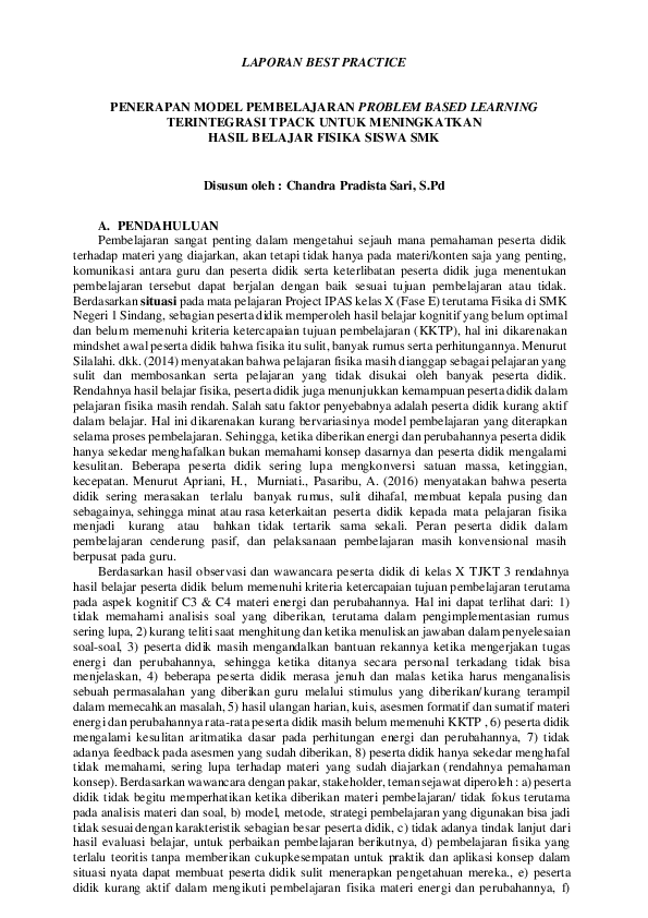 (PDF) LAPORAN BEST PRACTICE PENERAPAN MODEL PEMBELAJARAN PROBLEM BASED LEARNING TERINTEGRASI ...