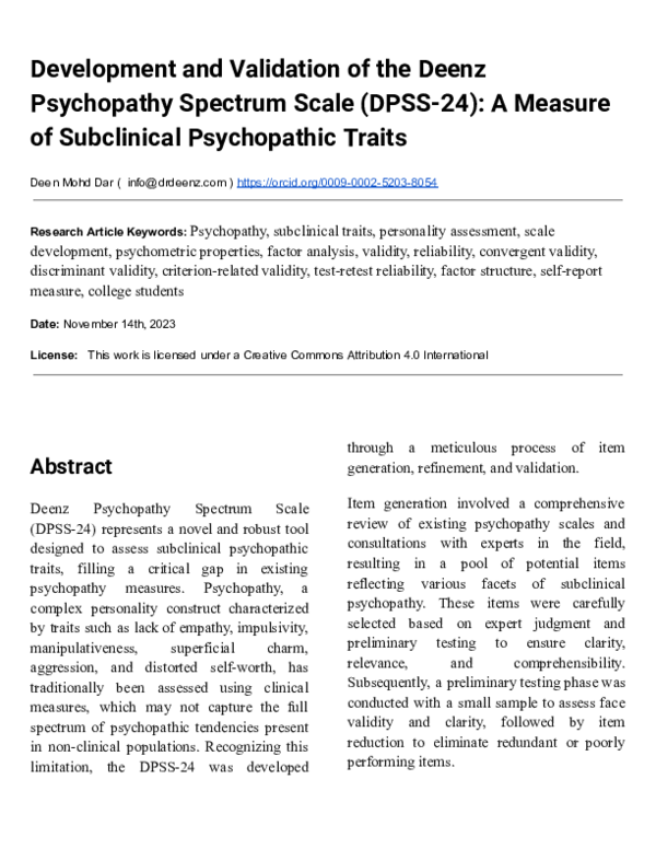 (PDF) Development and Validation of the Deenz Psychopathy Spectrum ...