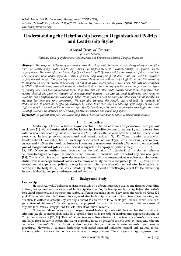 (PDF) Understanding the Relationship between Organizational Politics and Leadership Styles