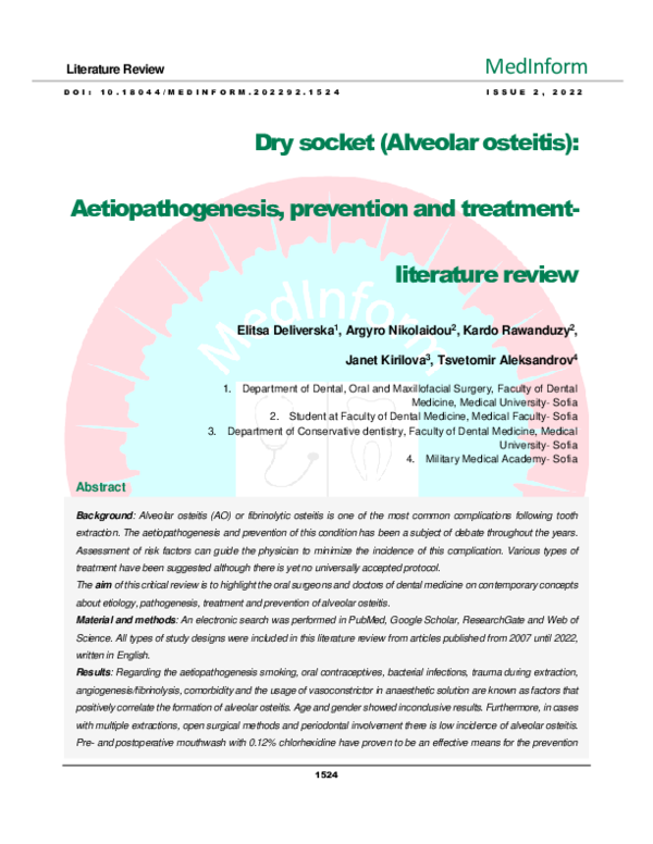 (PDF) Dry socket (Alveolar osteitis): Aetiopathogenesis, prevention and treatment-literature review