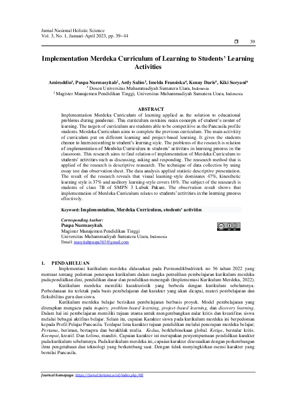 (PDF) Implementation Merdeka Curriculum of Learning to Students’ Learning Activities