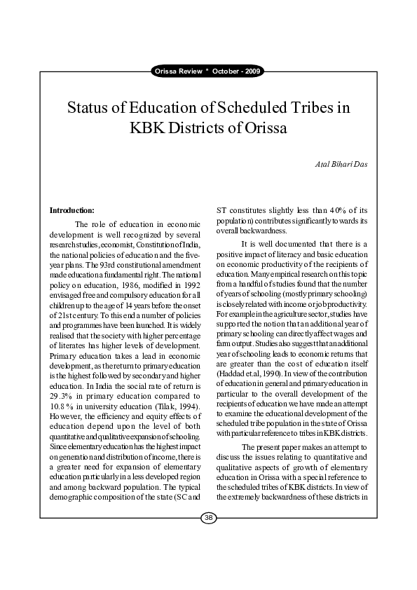 (PDF) Status of Education of Scheduled Tribes in KBK Districts of Orissa