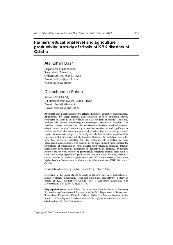(PDF) Farmers' educational level and agriculture productivity: a study ...