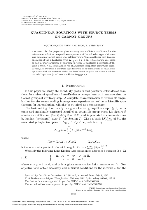 (PDF) Quasilinear equations with source terms on Carnot groups