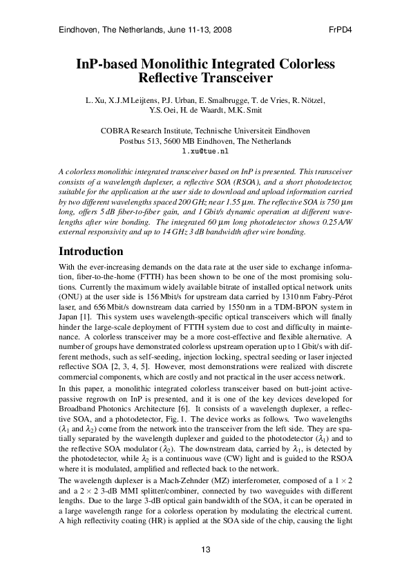(PDF) InP based monolithic integrated colorless reflective transceiver