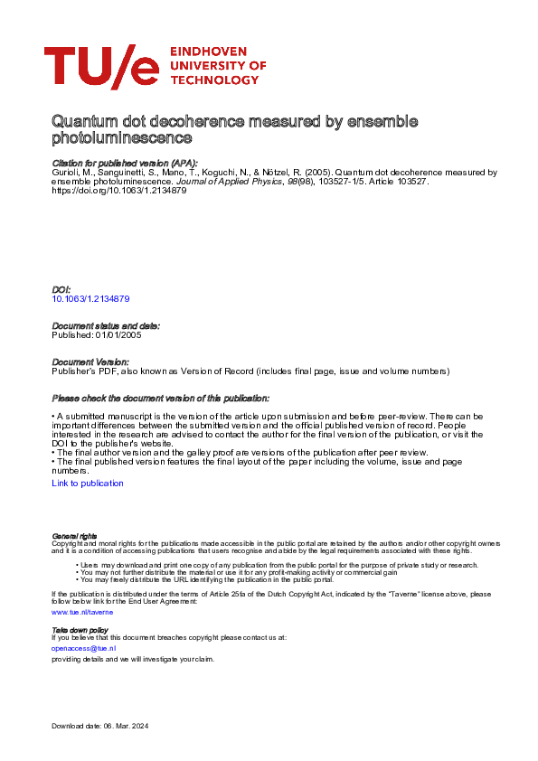 (PDF) Quantum dot decoherence measured by ensemble photoluminescence