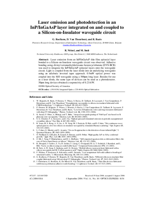 (PDF) Laser emission and photodetection in an InP/InGaAsP layer integrated on and coupled to a ...