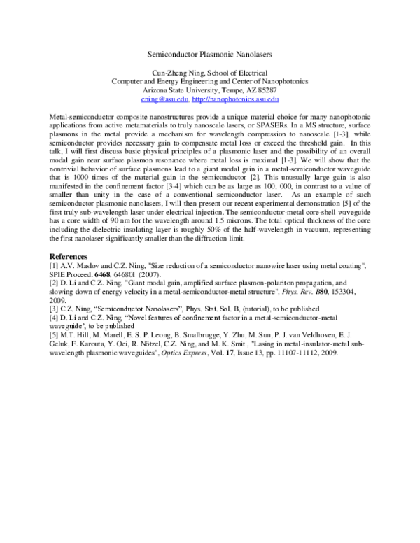 (PDF) Semiconductor plasmonic nanolasers
