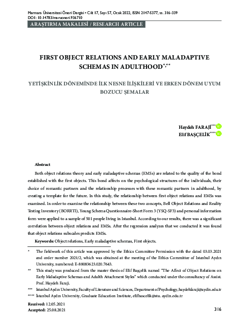 (PDF) First Object Relations and Early Maladaptive Schemas in Adulthood