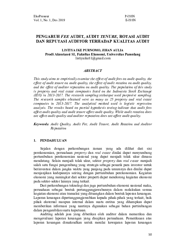 (PDF) Pengaruh Fee Audit, Audit Tenure, Rotasi Audit Dan Reputasi Auditor Terhadap Kualitas Audit