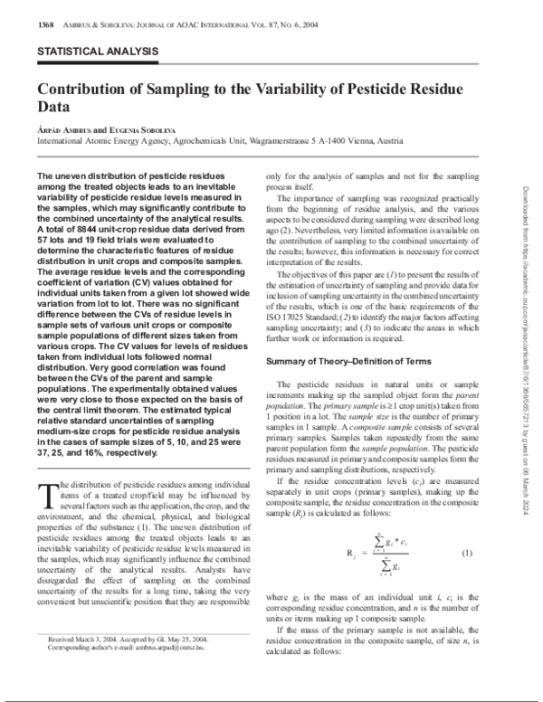 (PDF) Contribution of Sampling to the Variability of Pesticide Residue ...