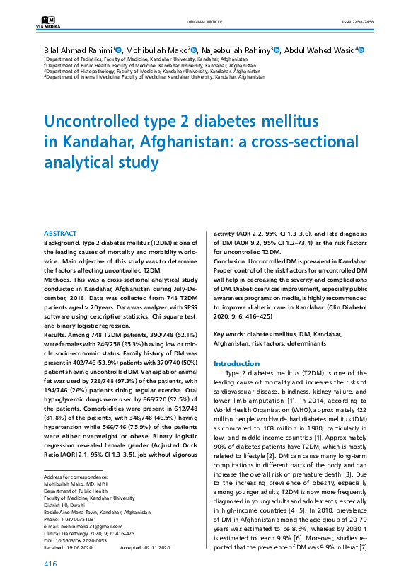 (PDF) Uncontrolled type 2 diabetes mellitus in Kandahar, Afghanistan: a ...
