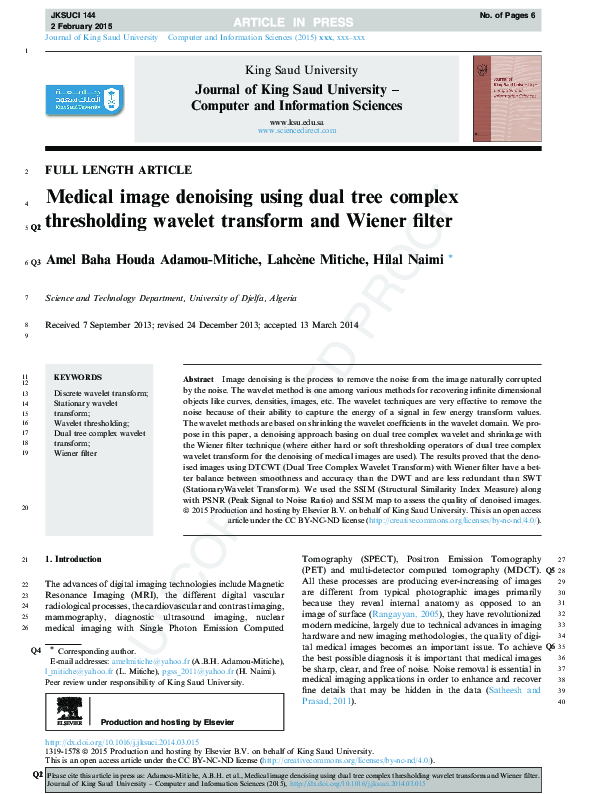 (PDF) Medical image denoising using dual tree complex thresholding wavelet transform and Wiener ...