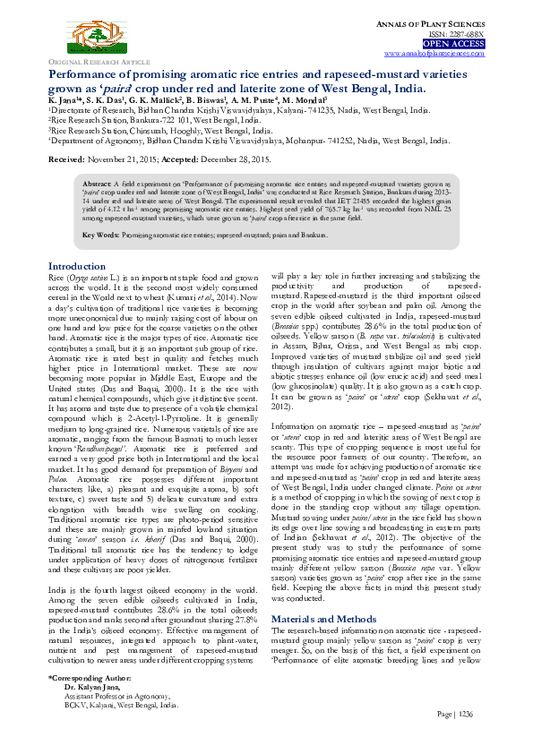 (PDF) Performance of promising aromatic rice entries and rapeseed-mustard varieties grown as ...