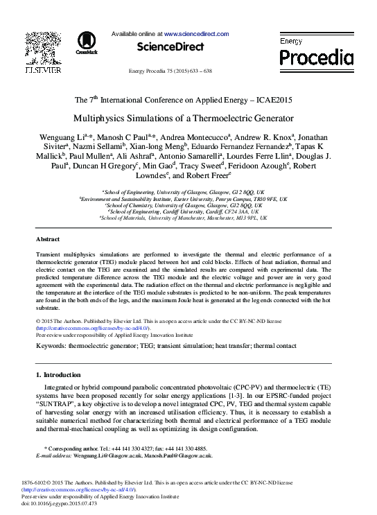 (PDF) Multiphysics Simulations of a Thermoelectric Generator | Eduardo ...