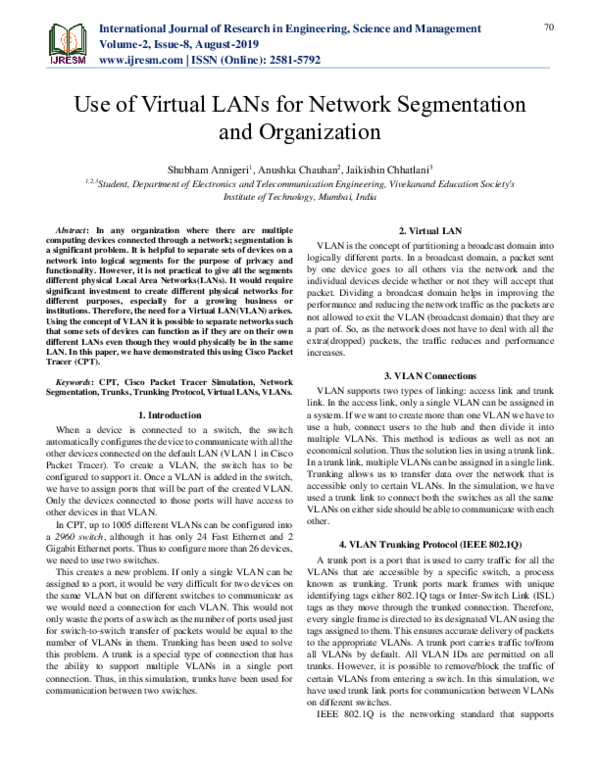 (PDF) Use of Virtual LANs for Network Segmentation and Organization