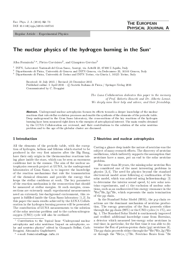 (PDF) The nuclear physics of the hydrogen burning in the Sun