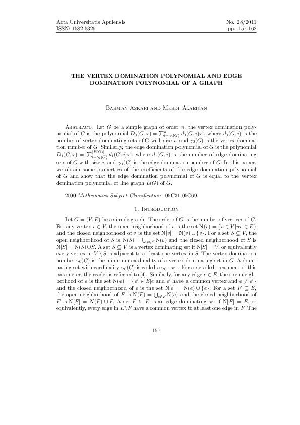 (PDF) The vertex domination polynomial and edge domination polynomial of a graph | Mehdi ...