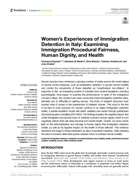 (PDF) Women’s Experiences of Immigration Detention in Italy: Examining ...