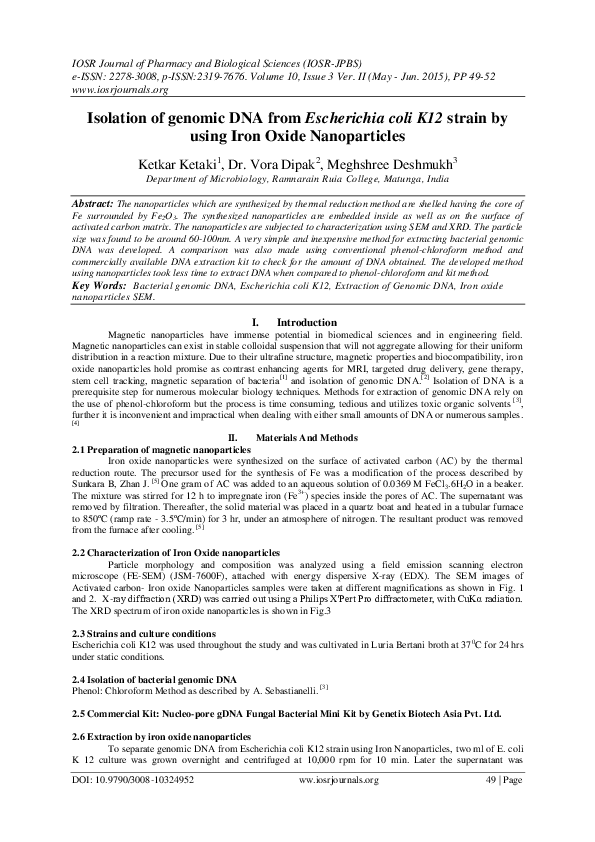 (PDF) Isolation of genomic DNA from Escherichia coli K12 strain by ...