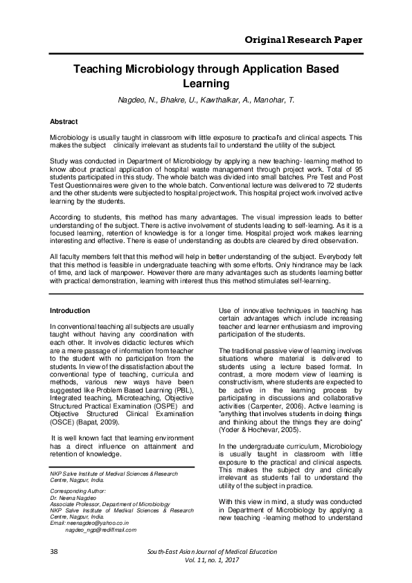 (PDF) Teaching Microbiology through Application Based Learning