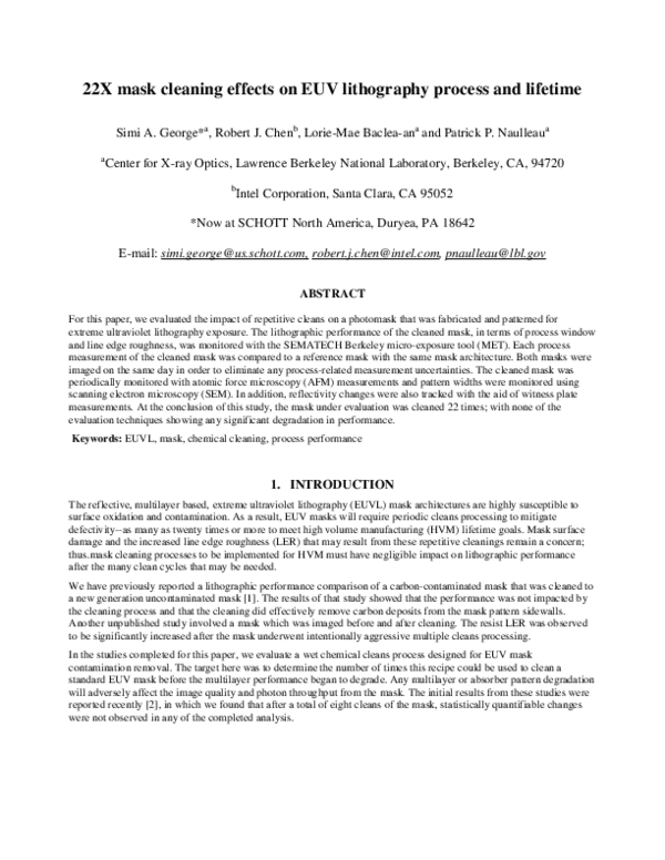 (PDF) 22X mask cleaning effects on EUV lithography process and lifetime