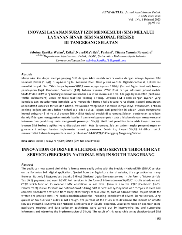(PDF) Inovasi Layanan Surat Izin Mengemudi (Sim) Melalui Layanan Sinar ...