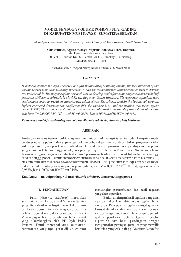 (PDF) Model Penduga Volume Pohon Pulai Gading DI Kabupaten Musi Rawas ...