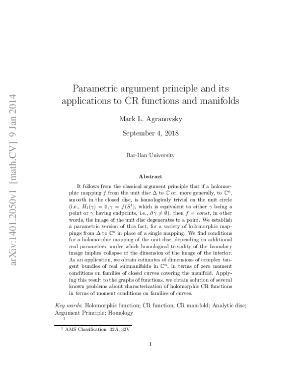(PDF) Parametric argument principle and its applications to CR functions and manifolds