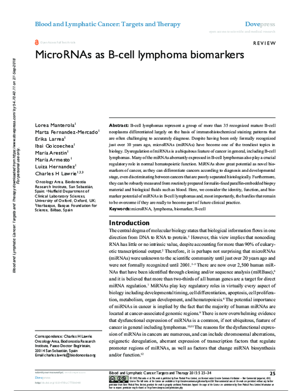 (PDF) MicroRNAs as B-cell lymphoma biomarkers