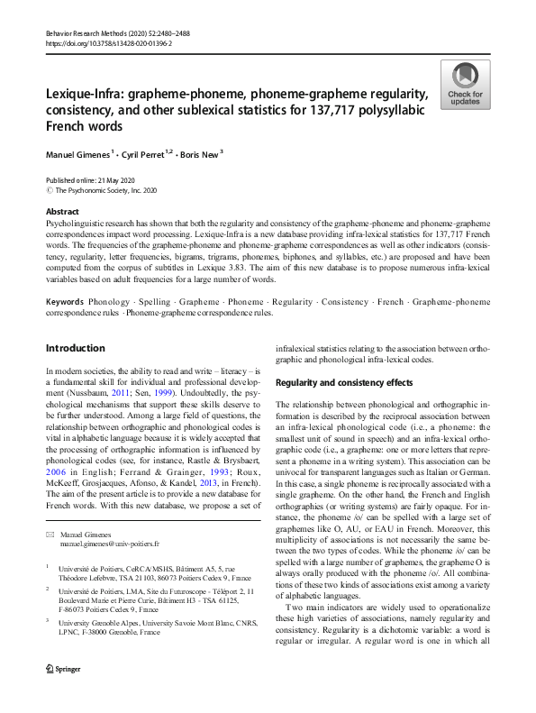 (PDF) Lexique-Infra: grapheme-phoneme, phoneme-grapheme regularity ...