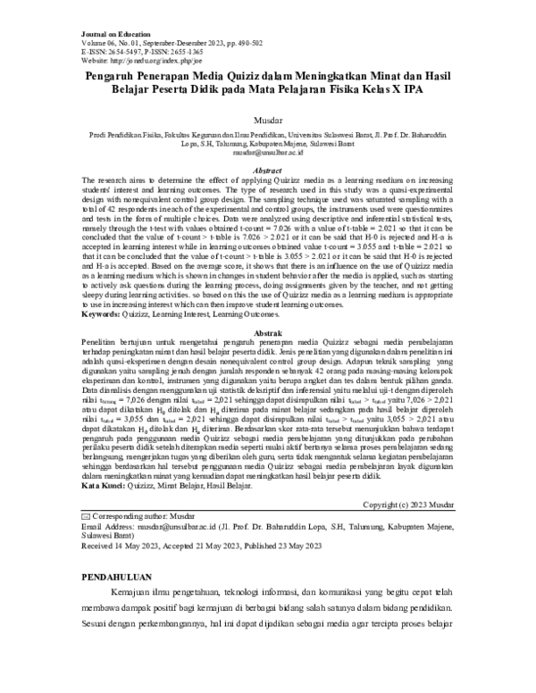 (PDF) Pengaruh Penerapan Media Quiziz dalam Meningkatkan Minat dan Hasil Belajar Peserta Didik ...
