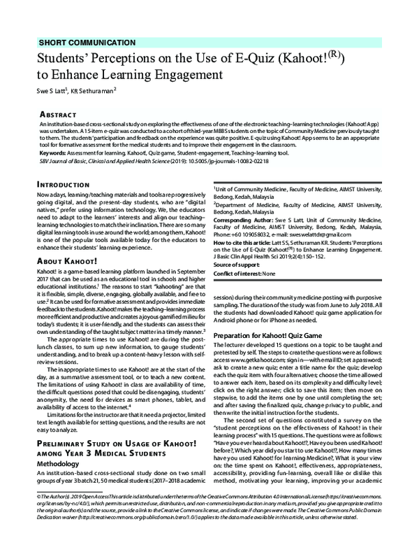 (PDF) Students’ Perceptions on the Use of E-Quiz (Kahoot!(R)) to Enhance Learning Engagement