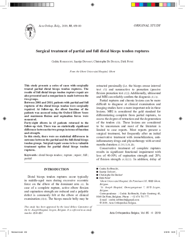 (PDF) Surgical treatment of partial and full distal biceps tendon ruptures
