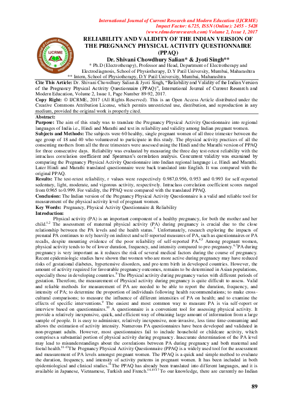 (PDF) Reliability And Validity Of The Indian Version Of The Pregnancy Physical Activity ...