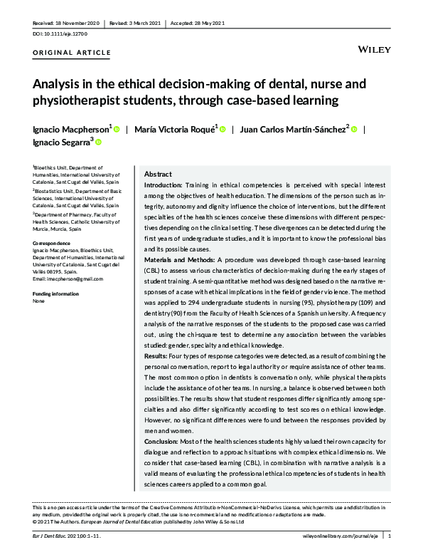 (PDF) Analysis in the ethical decision‐making of dental, nurse and physiotherapist students ...