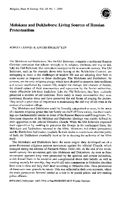 (PDF) Molokans and Dukhobors: Living Sources of Russian Protestantism