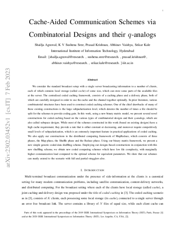 (PDF) Cache-Aided Communication Schemes via Combinatorial Designs and their $q$-analogs ...